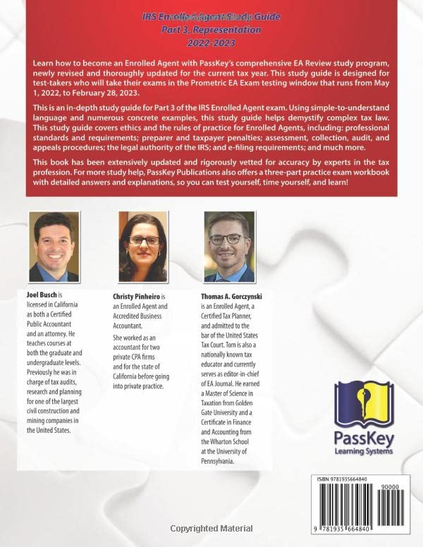 PassKey Learning Systems EA Review Part 3 Representation; Enrolled Agent Study Guide, May 1, 2022-February 28, 2023 Testing Cycle (PassKey EA Exam Review May 1, 2022-February 28, 2023 Testing Cycle)