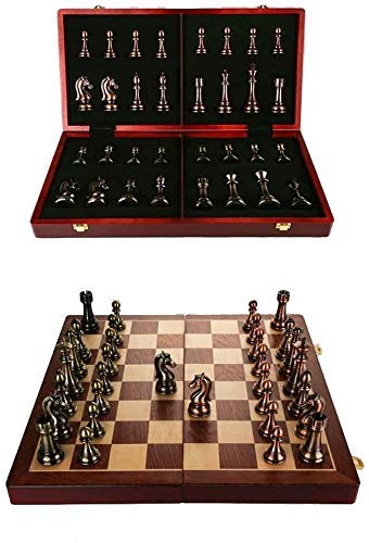Chess Sets and Boards High-Grade Solid Wood Set,Retro-Style Metal Bronze Pieces,Special Folding Board for Adults and Children's (B 30CM)