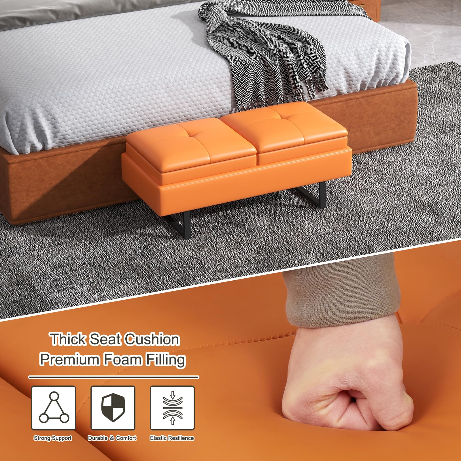 Kinfant Modern Futon Sofa Bed - 2-Seat Couch Bed with Soft Cushions for Living Room Bedroom and Small Space (PU Leather, Orange)