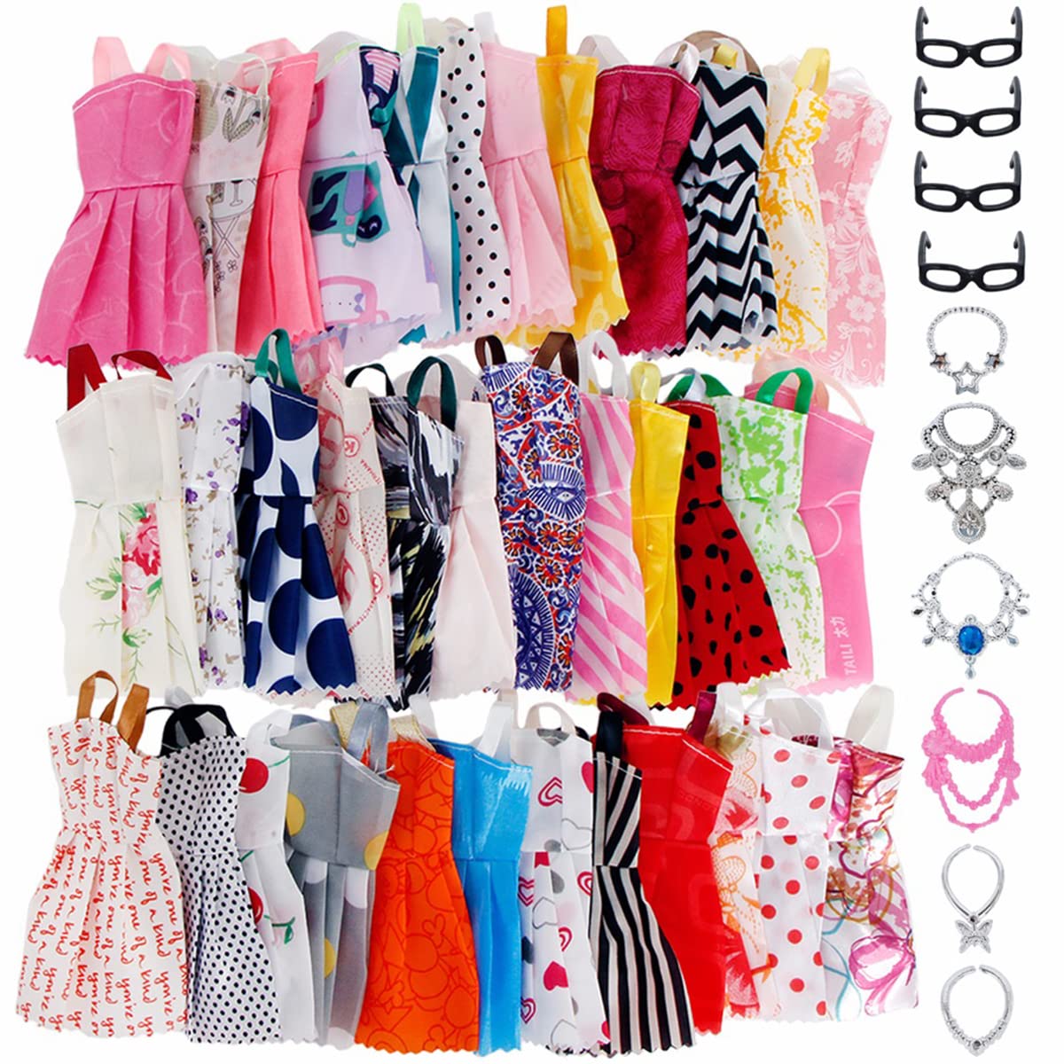 FUB 20 Pcs = Random 10x Mixed Style Mini Dress + 6X Plastic Necklaces + 4X Black Glasses Clothes for Accessories Toy