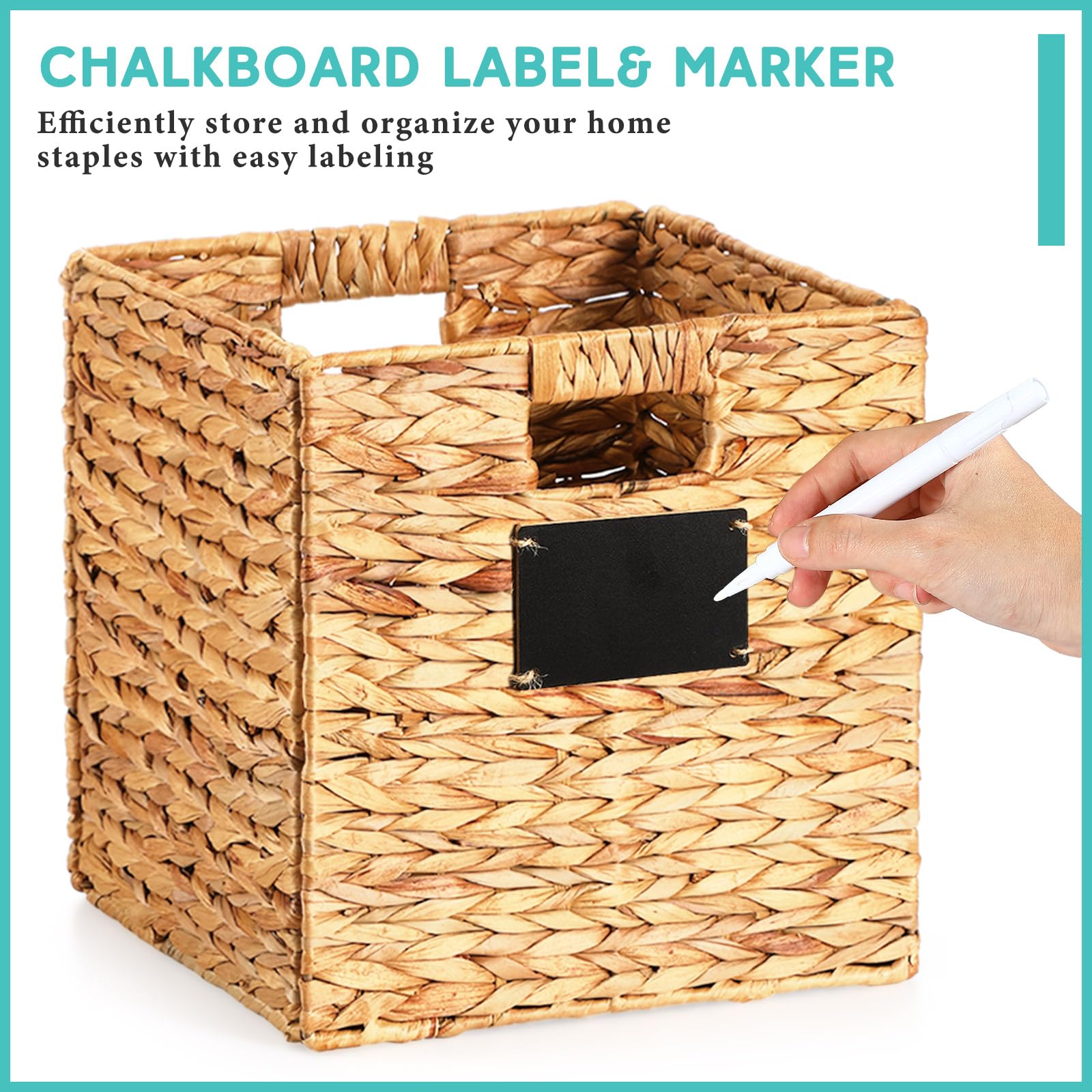Nitial 4 Pcs Wicker Storage Basket, Rectangular Water Hyacinth Storage Baskets for Shelving, Foldable Woven Pantry Organizer with Chalkboard Label and Chalk Marker(Natural,12 x 12 x 12 Inch)