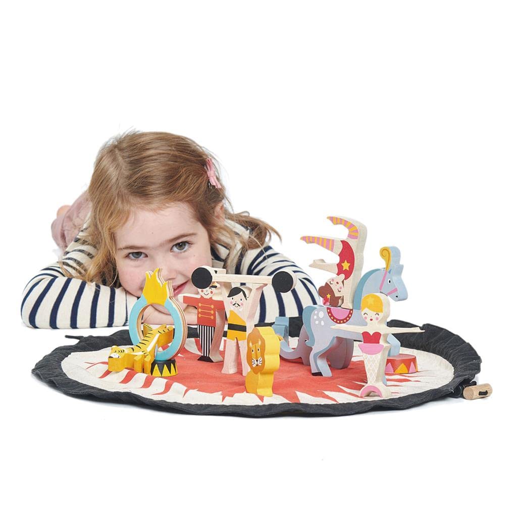 Tender Leaf Toys - Circus Stacker - 14 Pieces Wooden Stacking and Balancing Toy with Circus Troupe and Beautiful Circular Printed Bag - Early Learning and Fine Motor Skills for Children 3+