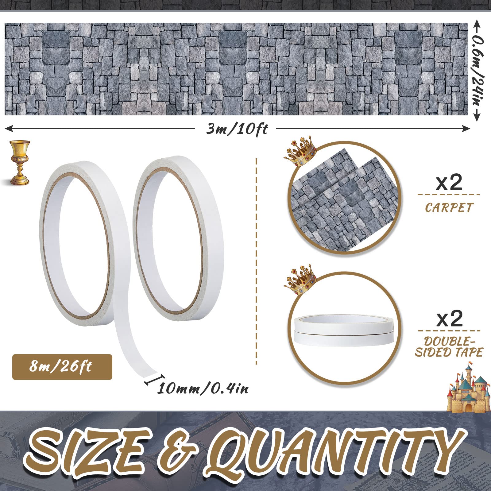 Fabbay 4 Pack 10ft Cobblestone Aisle Runners Medieval Party Decorations Polyester Brick Stone Printed Floor Runners for Medieval Castle Knight Themed Party Supplies Halloween Castle Table Cover