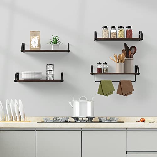 HOORMEEY Floating Shelves Set of 4, Rustic Wood Wall Shelves for Bedroom, Wall Mounted Bathroom Shelves with Towel Bar, Hanging Shelf for Living Room Kitchen Storage, Wall Decor
