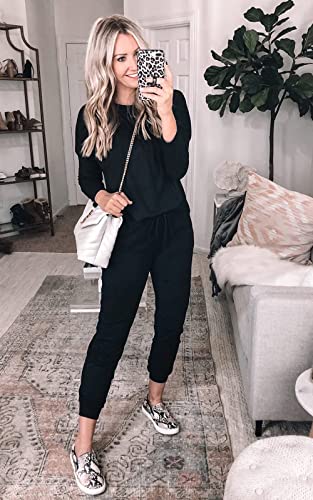 PRETTYGARDEN Women's 2023 Fall Two Piece Outfit Long Sleeve Crewneck Pullover Tops And Long Pants Tracksuit (Black,Small)