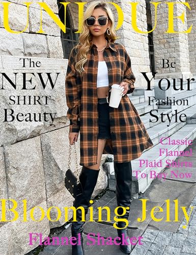 Blooming Jelly Women's Button Down Flannel Shirts Plaid Shacket Long Sleeve Collared Long Jacket Coats（XLarge,Brown Plaid）