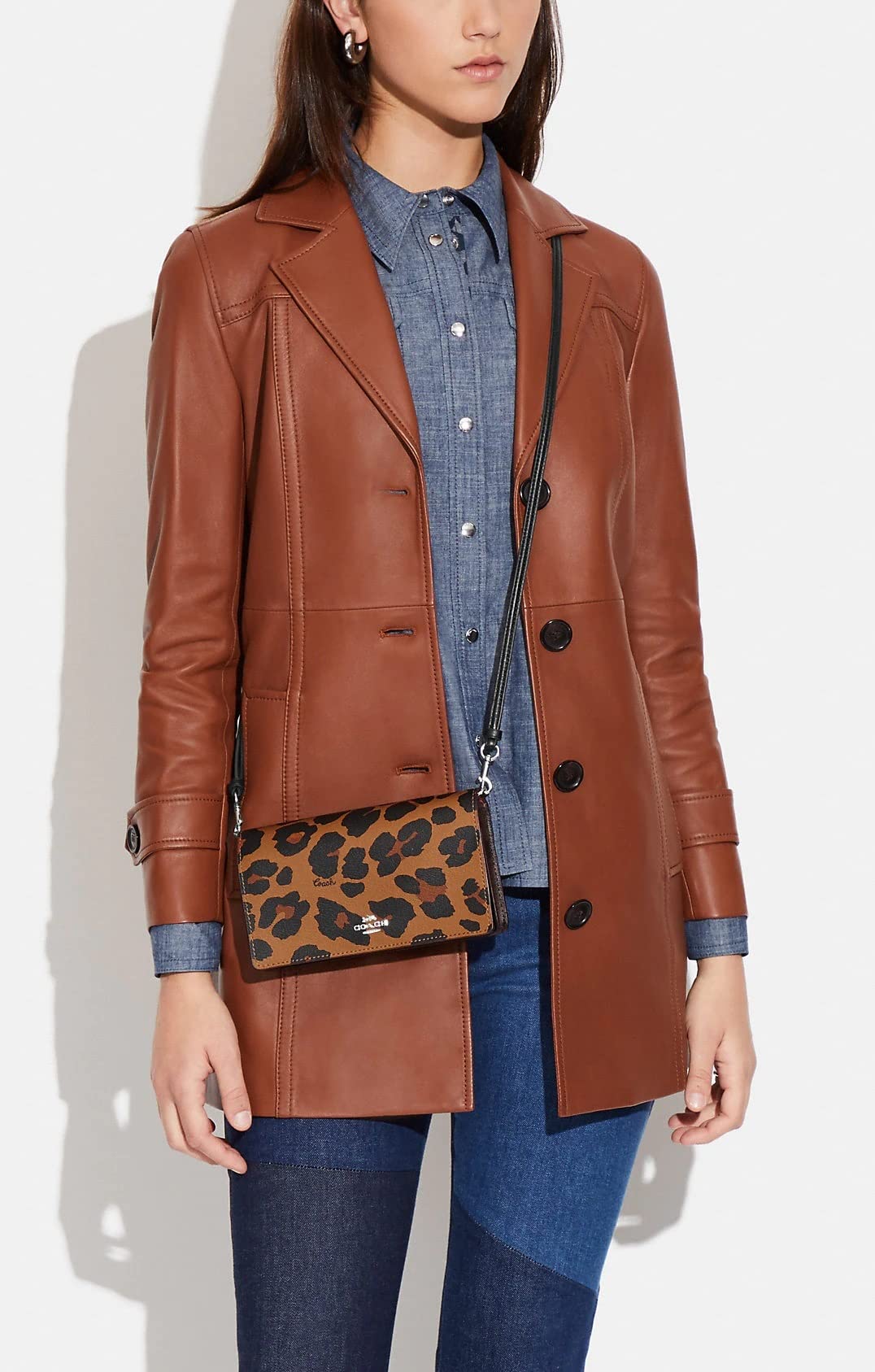 COACH Anna Foldover Clutch Crossbody With Leopard Print And Signature Canvas, Silver/Light Saddle Multi