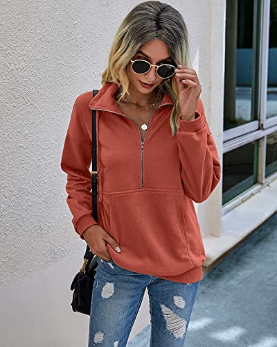 PRETTYGARDEN Women’s Casual Long Sleeve Lapel Zipper Sweatshirt Drawstring Loose Pullover Tops Orange Red