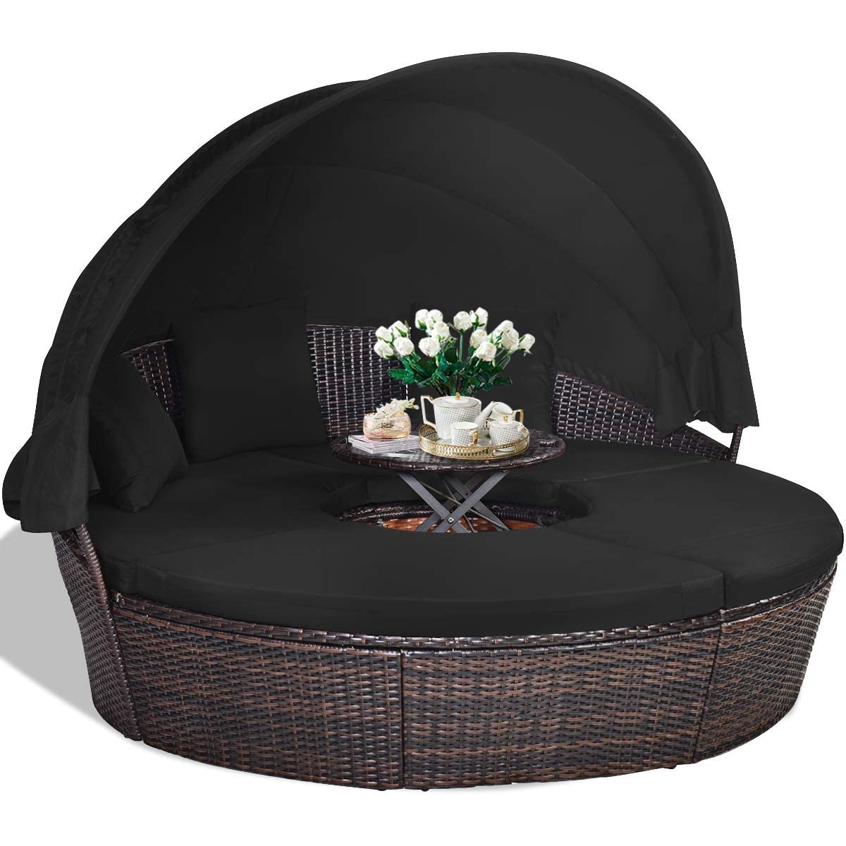 HAPPYGRILL Patio Daybed with Canopy Outdoor Furniture Set Sofa Set Rattan Wicker Round Daybed with Soft Cushions Coffee Table for Patio Backyard Poolside