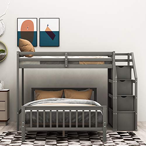Goohome Twin Over Full Bunk Bed with Staircase, Wooden Twin Over Full Stairway Bunk Bed L Shaped Bunk Beds for Kids, Twin Loft Bed with Storage Drawers and Full Platform Bed, No Box Spring Needed