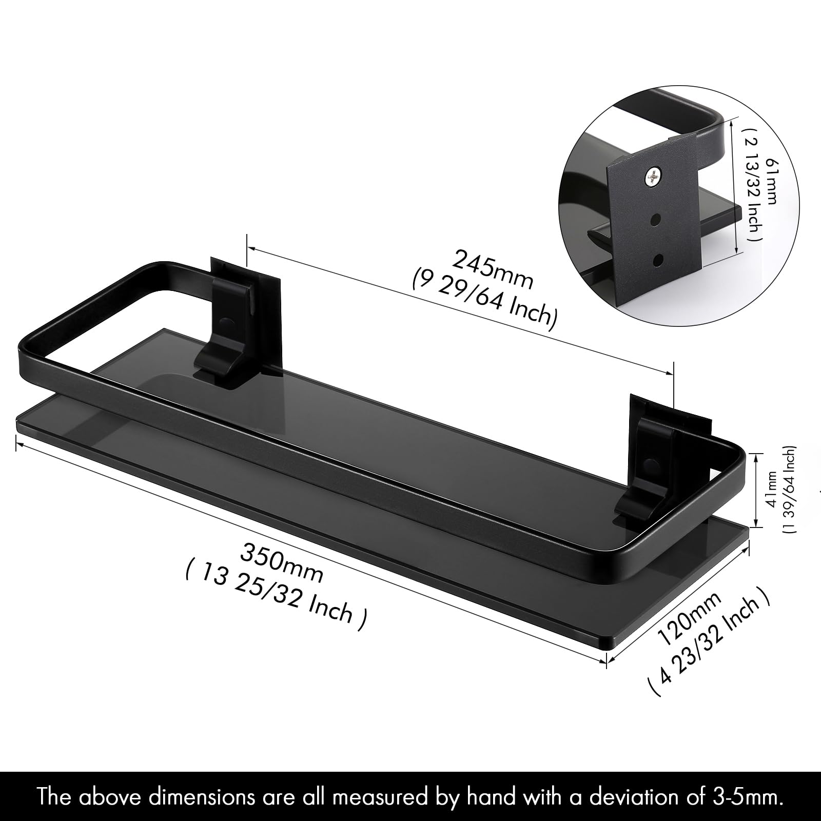 KES Bathroom Glass Shelf Aluminum Black Extra Thick Tempered Glass Rectangular 1 Tier Basket Wall Mounted, 2 Pack, A4126A-BK-P2