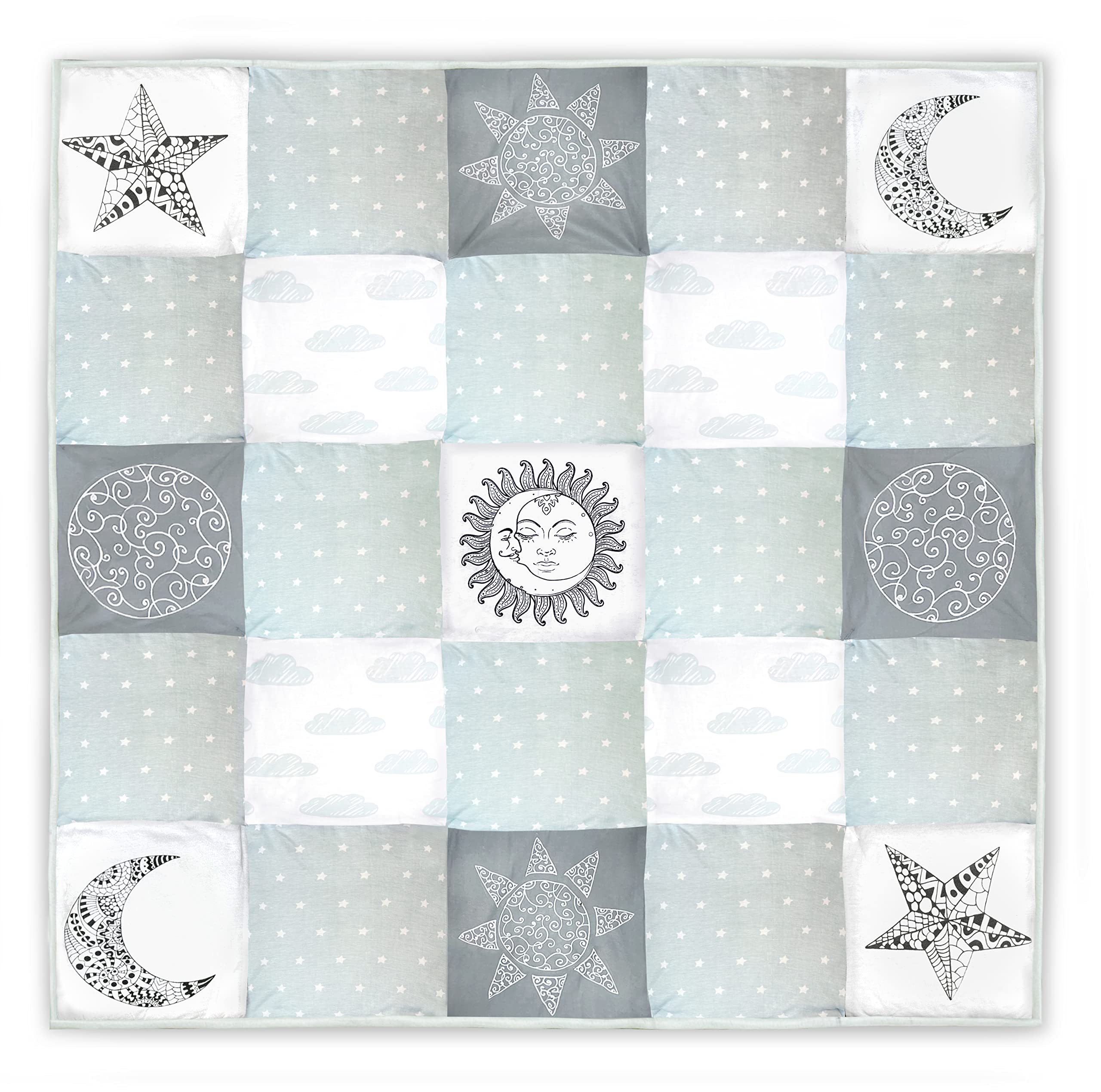Cambria Baby Organic Cotton Baby Quilt. Thick Comforter Blanket with Thermal Polyester Batting. Neutral Patterns for Boys and Girls. Machine Washable. (Gray and Sage Sky)