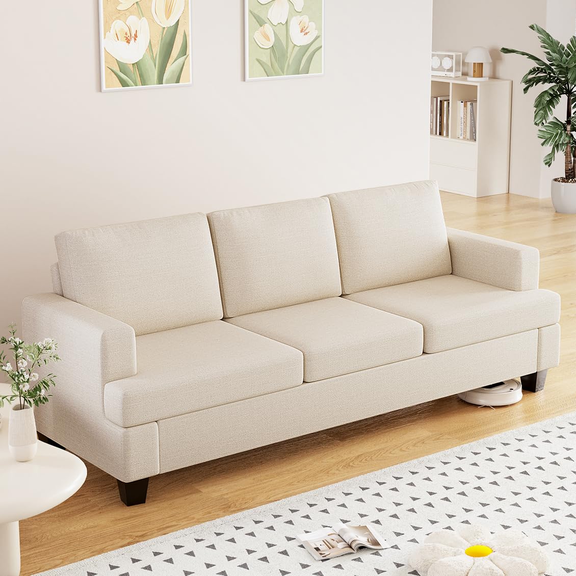 Furnimart 85 inch Deep Seat Sofa, Comfy Cloud Couch for Living Room, Beige Linen Sofa, Modern 3 Seater Couch, Cozy Fluffy Couch with Removable Sofa Cover, Small Couches for Small Spaces