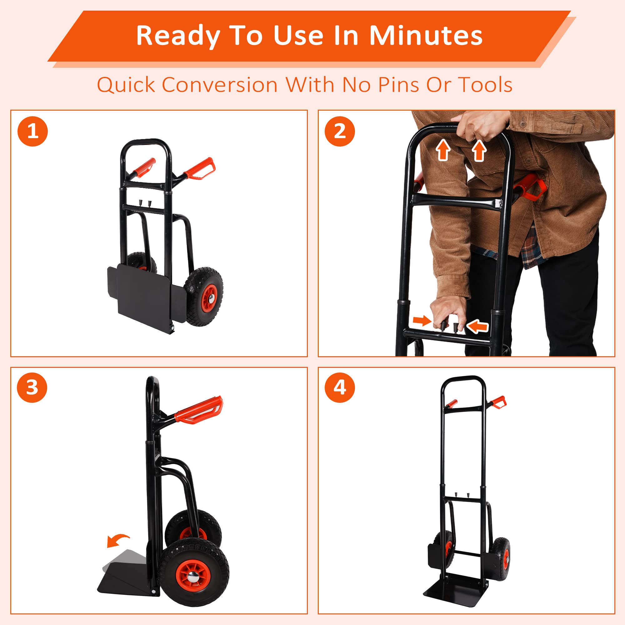 Endynino Portable Hand Truck, Heavy Duty Iron Dolly Cart with Telescoping Handle 440 lbs Capacity, PU Wheels and 3 Position Height Adjustable, Lightweight Utility Trolley Cart for Garage, Warehouse