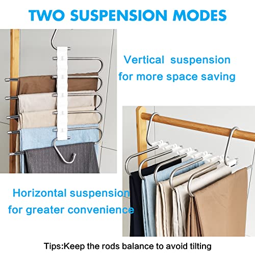 HotMax Pants Hanger Space Saving, Multiple Pants Organizer for Closet, Stainless Steel Jeans Hangers, Non-Slip Trousers Storage Organizer for Scarf, Skirt(2packs, 5-rods)