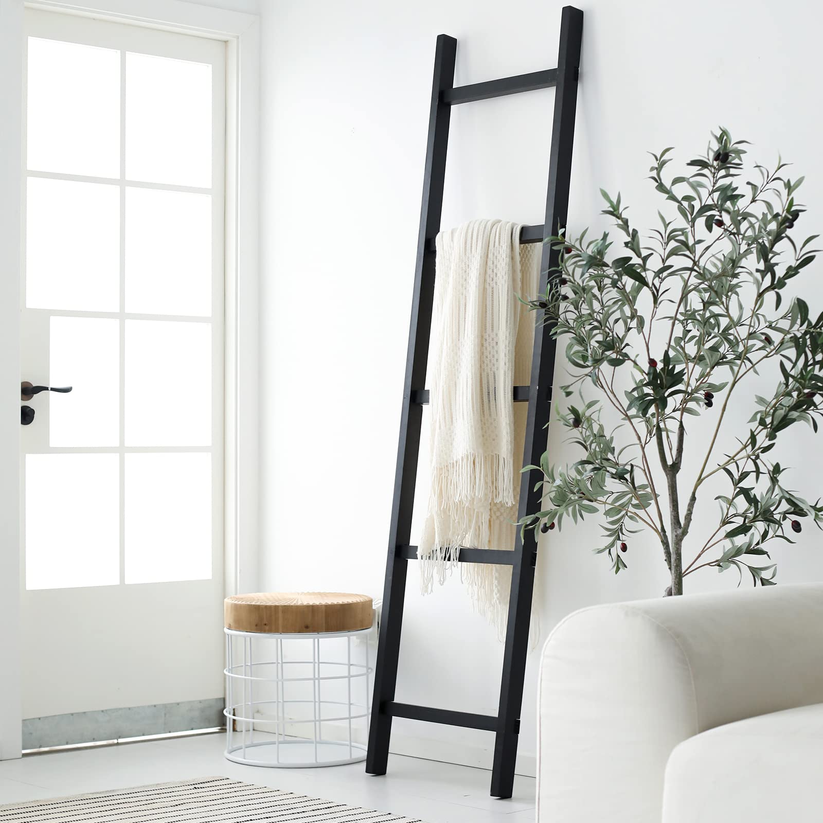 FUIN 6.3 ft (76") Wood Blanket Ladder Living Room Decorative Wall Leaning Farmhouse Quilt Display Holder Rustic Wooden Towel Rack for Bathroom, Black