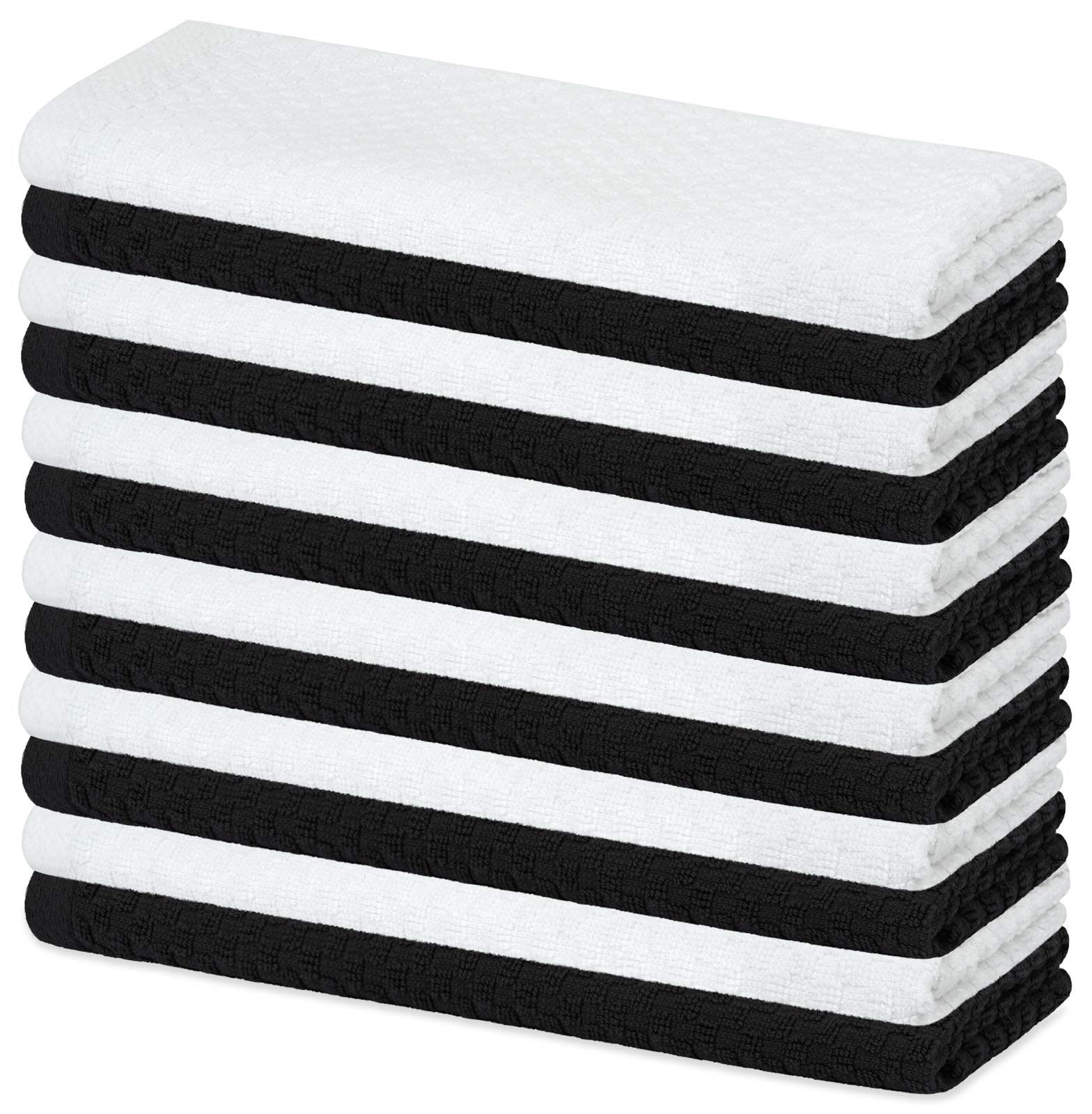 Dish Cloth Towels [12x12] Black and White Dobby Weave Kitchen Dish Towels, Soft and Real Absorbent 100% Cotton - Machine Washable - 12 Pack