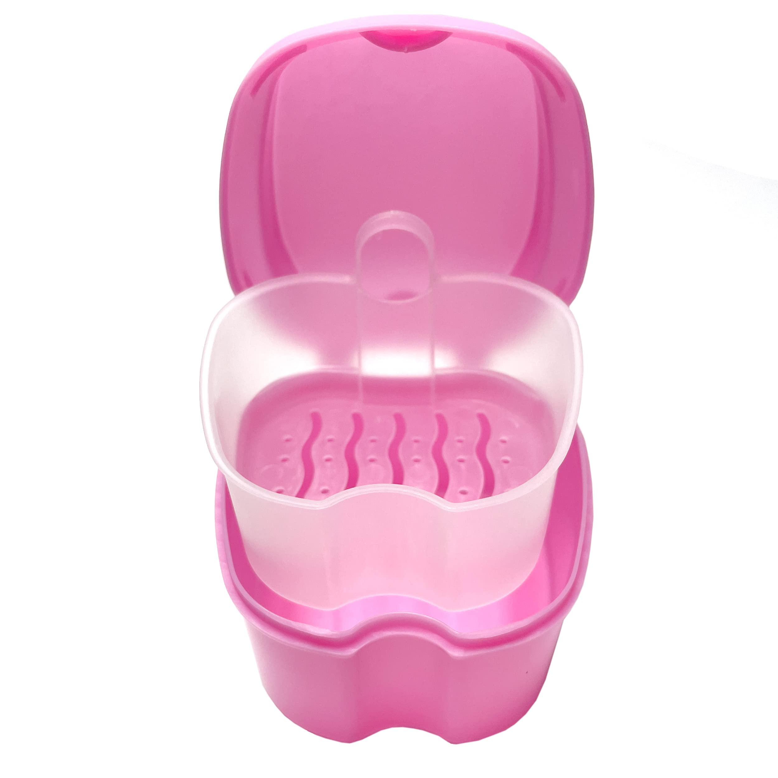 Denture Case, Denture Bath Denture Cup with Strainer,False Teeth Storage Box with Denture Brush Basket Net Container Holder for Travel, Retainer Cleaning 2Pack