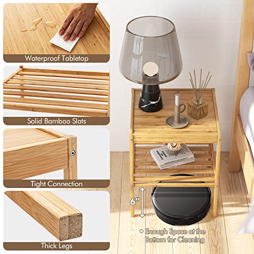 Giantex Bamboo Nightstands Set of 2, Square Bedside Table with Storage Shelf, Natural Wood End Side Table for Bedroom Home Office, Easy Assembly (2)