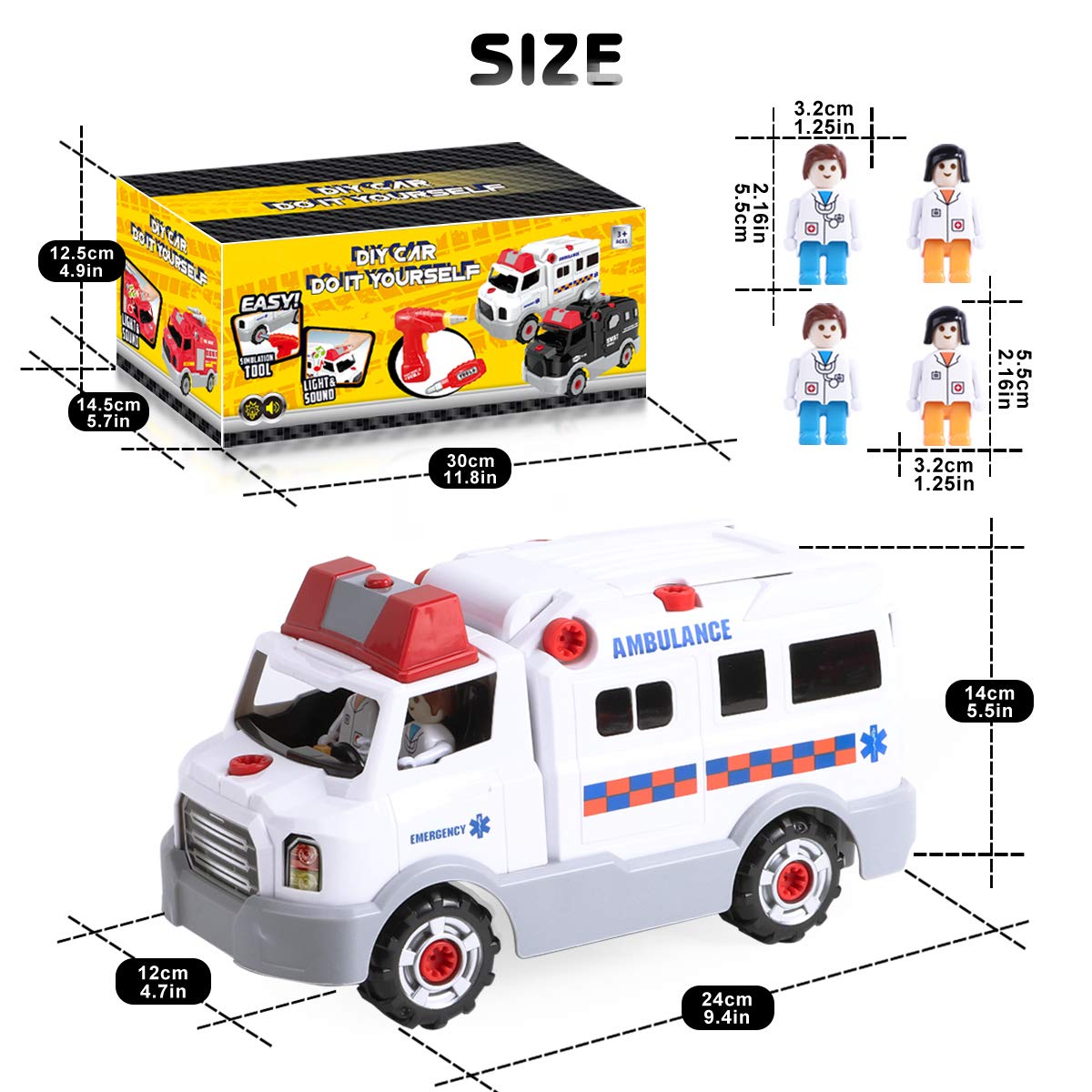 REMOKING Learning Take Apart Toy, Build Your Own Car Toy Ambulance Educational Playset with Tools and Power Drill, DIY Assembly Car Gifts for Kids with Realistic Sounds & Lights (3+ Ages)