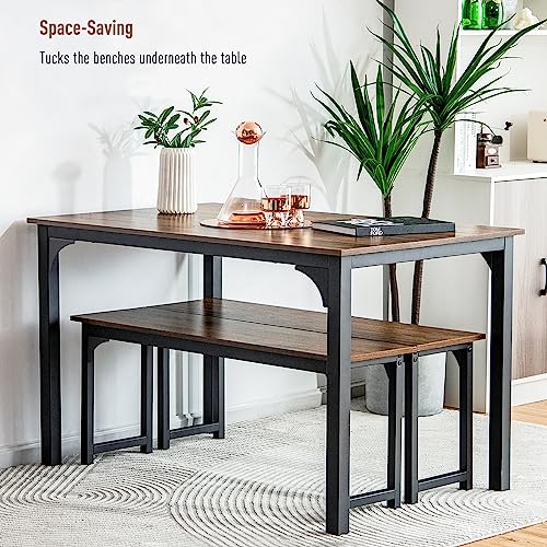 NAFORT 3-Piece Dining Table Set for 4, Kitchen Table with 2 Benches, 43.5ββ Space Saving Dining Room Table with Metal Frame & Solid MDF Wood Board, Ideal for Home, Restaurant, Patio Outdoor