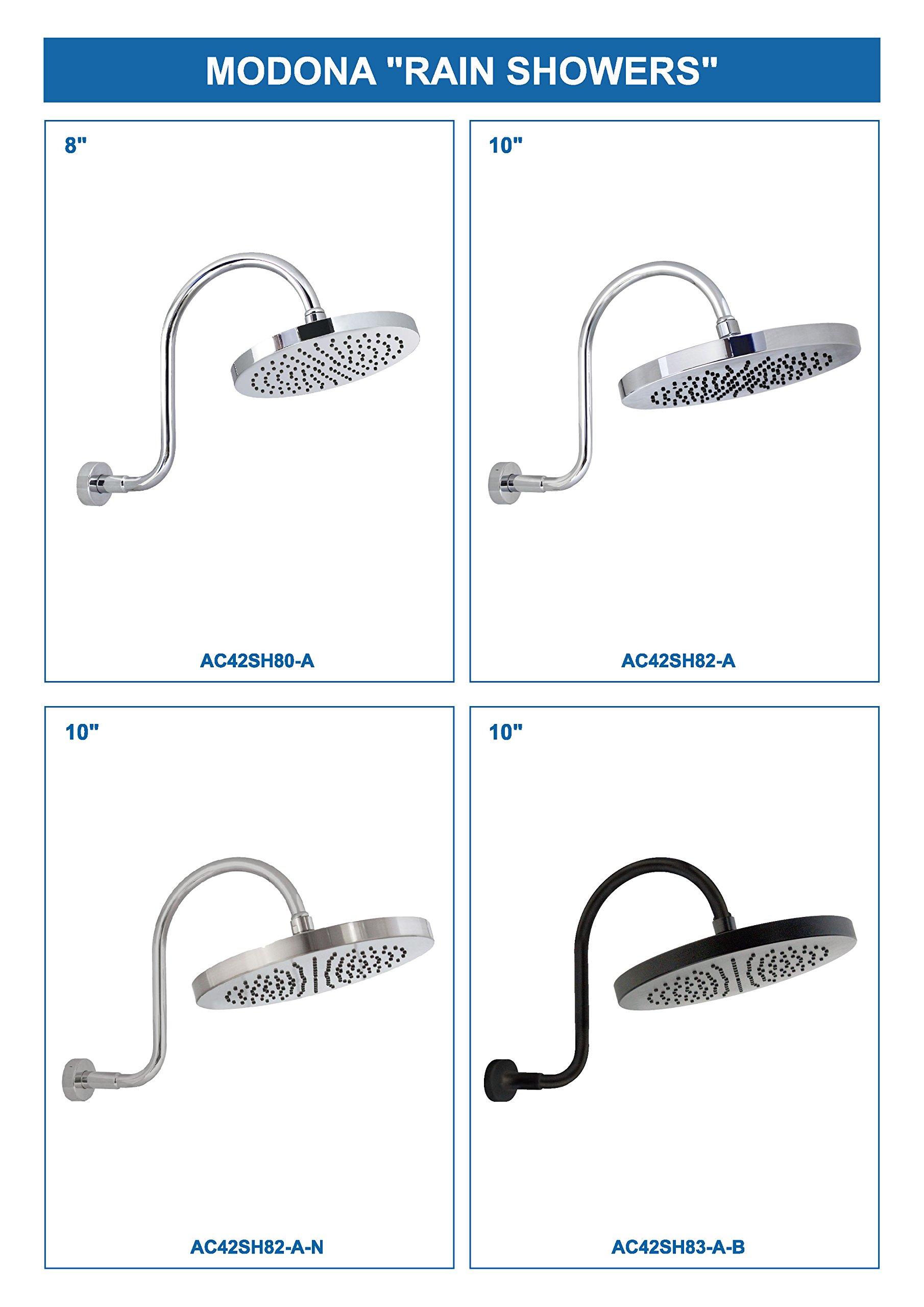MODONA 10” Rain Shower Head and “S” Long Shower Arm with Flange – Satin Nickel - 5 Year Warrantee