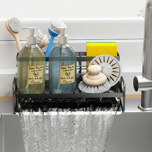 Cisily Kitchen Sink Caddy Organizer, Sponge Holder for Kitchen Sink, SUS 304 Stainless Steel Sponge Organizer, Scrub Daddy Holder, Dish Brush Holder for Kitchen Sink, Kitchen Accessories(Black)