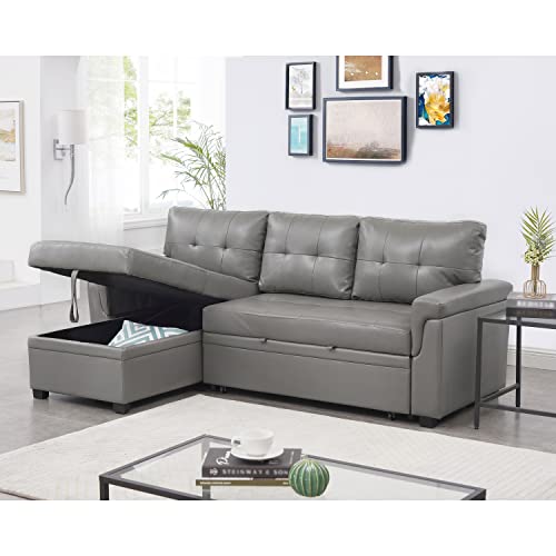 Naomi Home Laura Sectional Sleeper Sofa with Pull Out Bed, Reversible Sleeper Sectional Sofa Bed, Best Sleeper Sofa Couch with 168L Storage, L-Shape Pull Out Couch Bed Sleeper Sofa β Air Leather/Gray