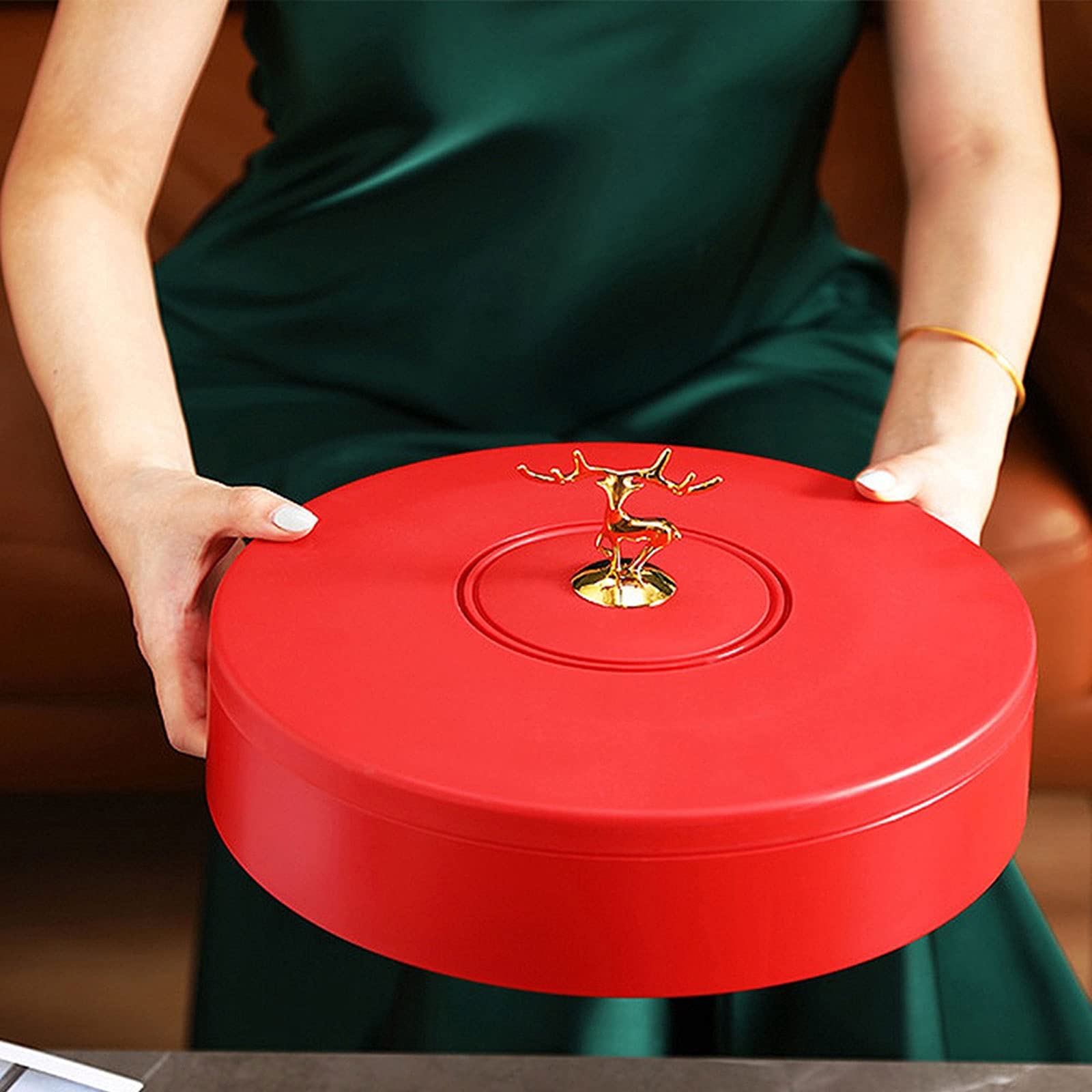 DEPILA Multifunctional Fruit Dish 4 Grid Cover Dried Fruit Snack Tray Food Storage Tray Rotatable Snack Tray Candy Pastry Nut Box Tray (Color : Red)