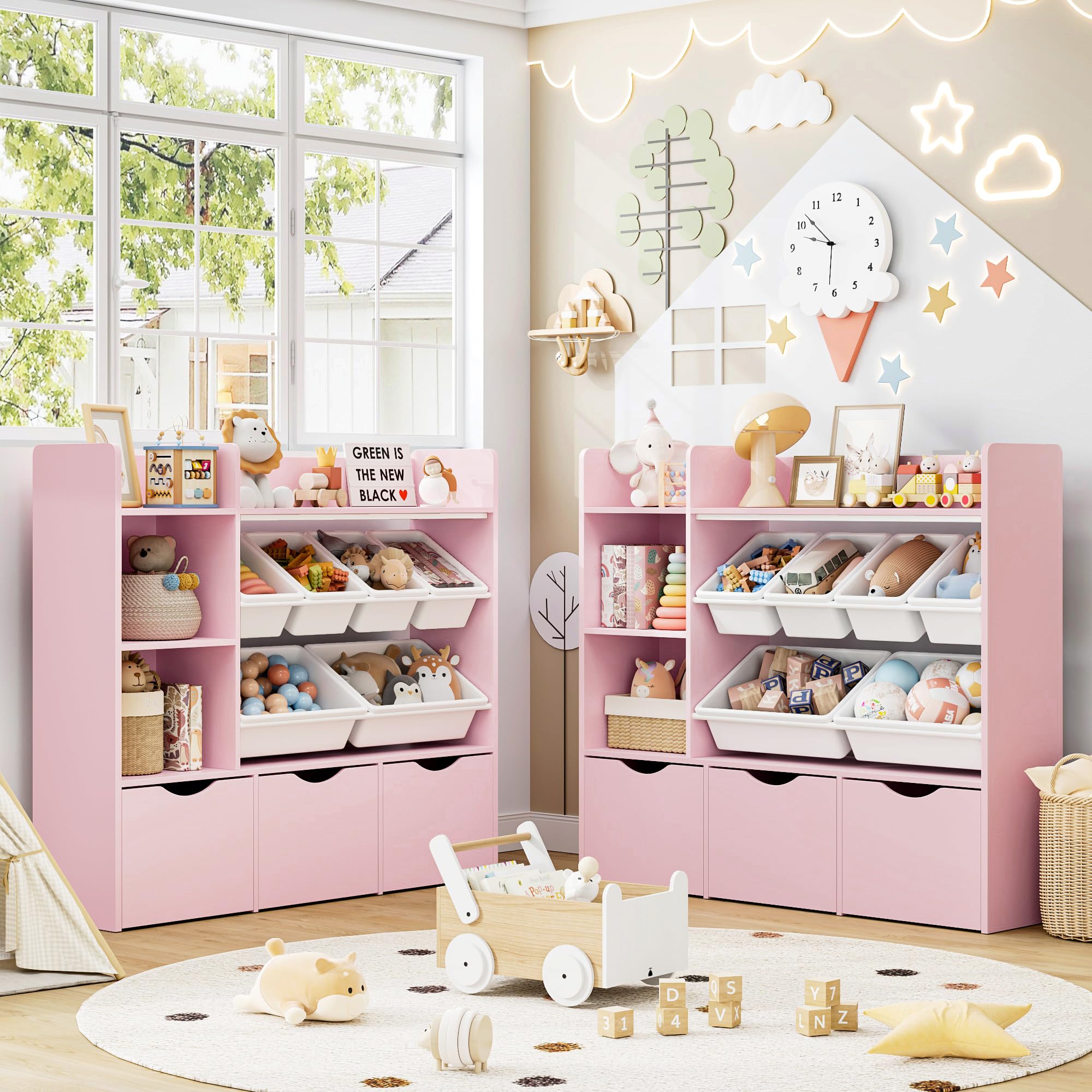 FACBOTALL Toy Storage Organizer with 3 Movable Drawers, Bookshelf and Bookcase with 6 Plastic Bins & 2 Storage Cubbies, Toy Chest with Hidden Wheels, Toy Storage Box for Playroom, School, White