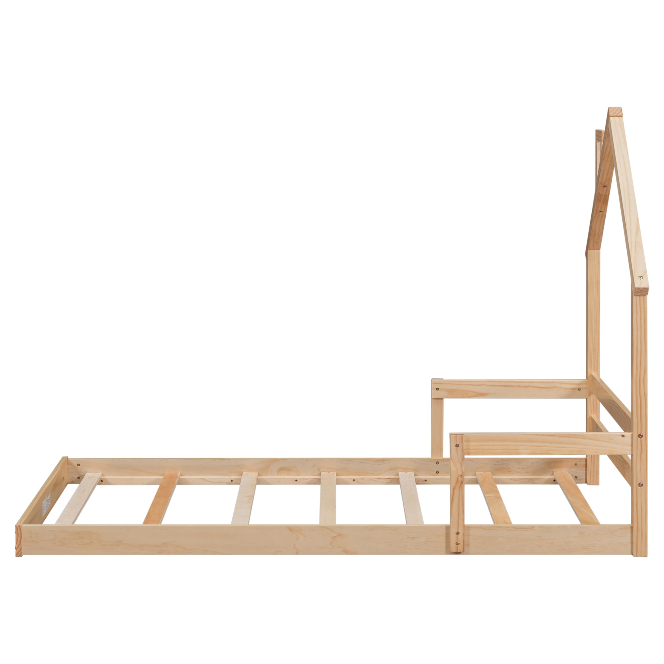 Harper & Bright Designs Twin Size Floor Bed with House-Shaped Headboard, Twin Kids Bed Frame with Solid Wood Slats,Twin Floor Bed Frame for Girls Boys,No Box Spring Needed,Natural