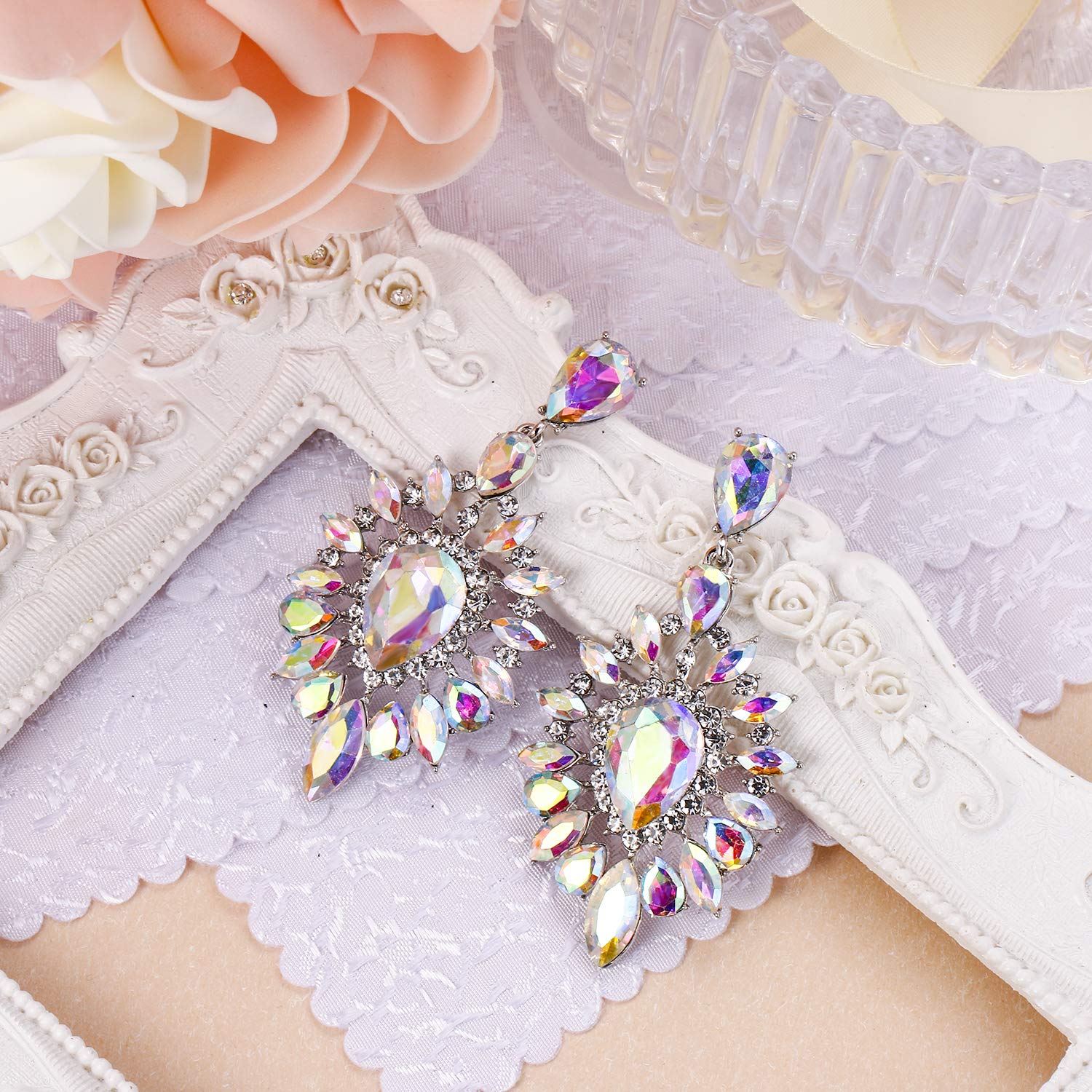 BriLove Fashion Trendy Statement Earrings for Women Crystal Teardrop Halo Chandelier Dangle Earrings Iridescent Clear AB Silver-Tone