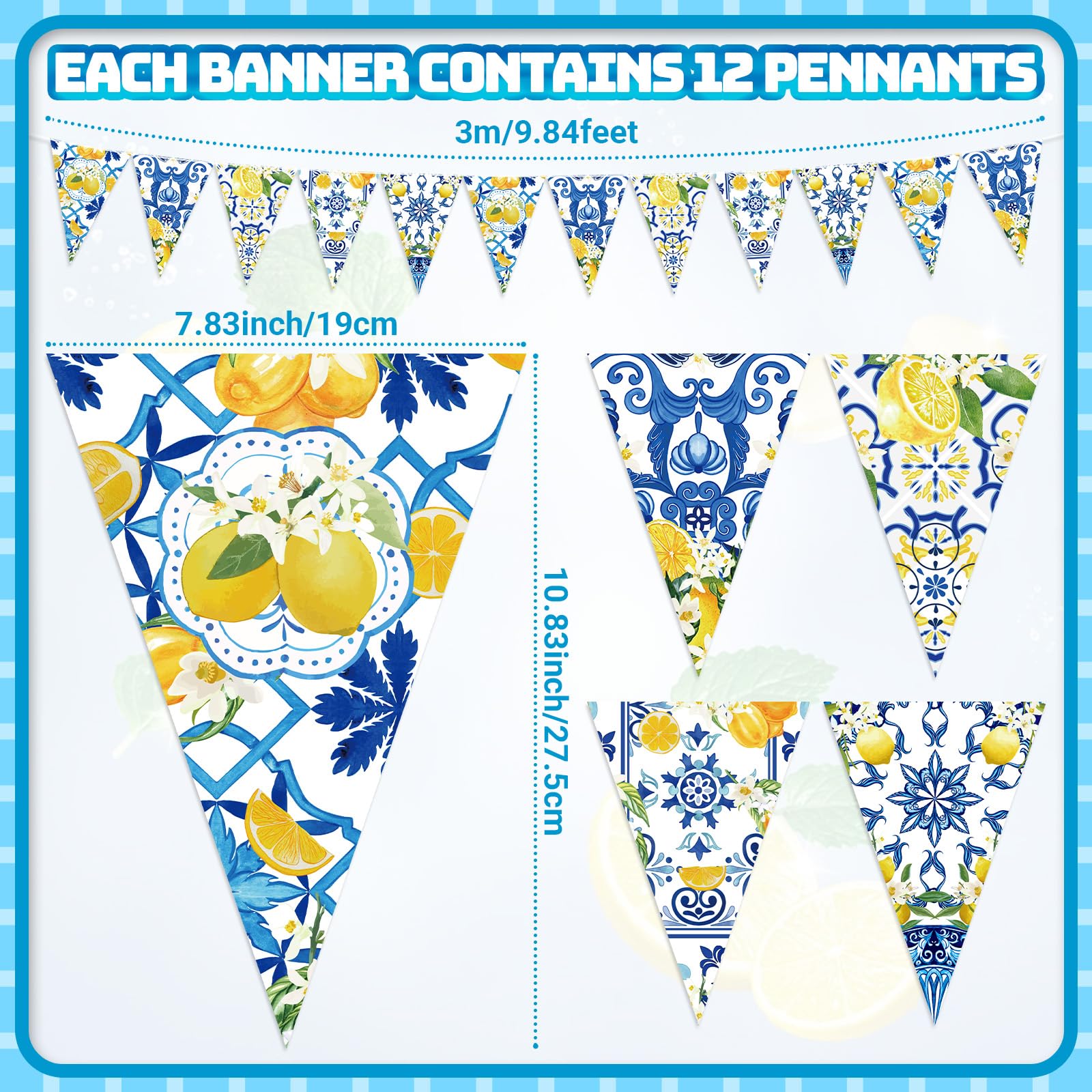 Faccito 5 Pcs Blue Tiles Lemon Decor Lemon Bunting Banners Blue Tiles Paper Pennant Garlands Lemonade Hanging Triangle Flags for Wedding Birthday Bridal Shower Bachelorette Party Decorations