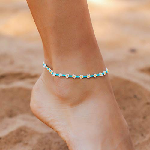 Pura Vida Daisy Flower Seed Bead Adjustable Anklet w/Charm, Waterproof - Yellow