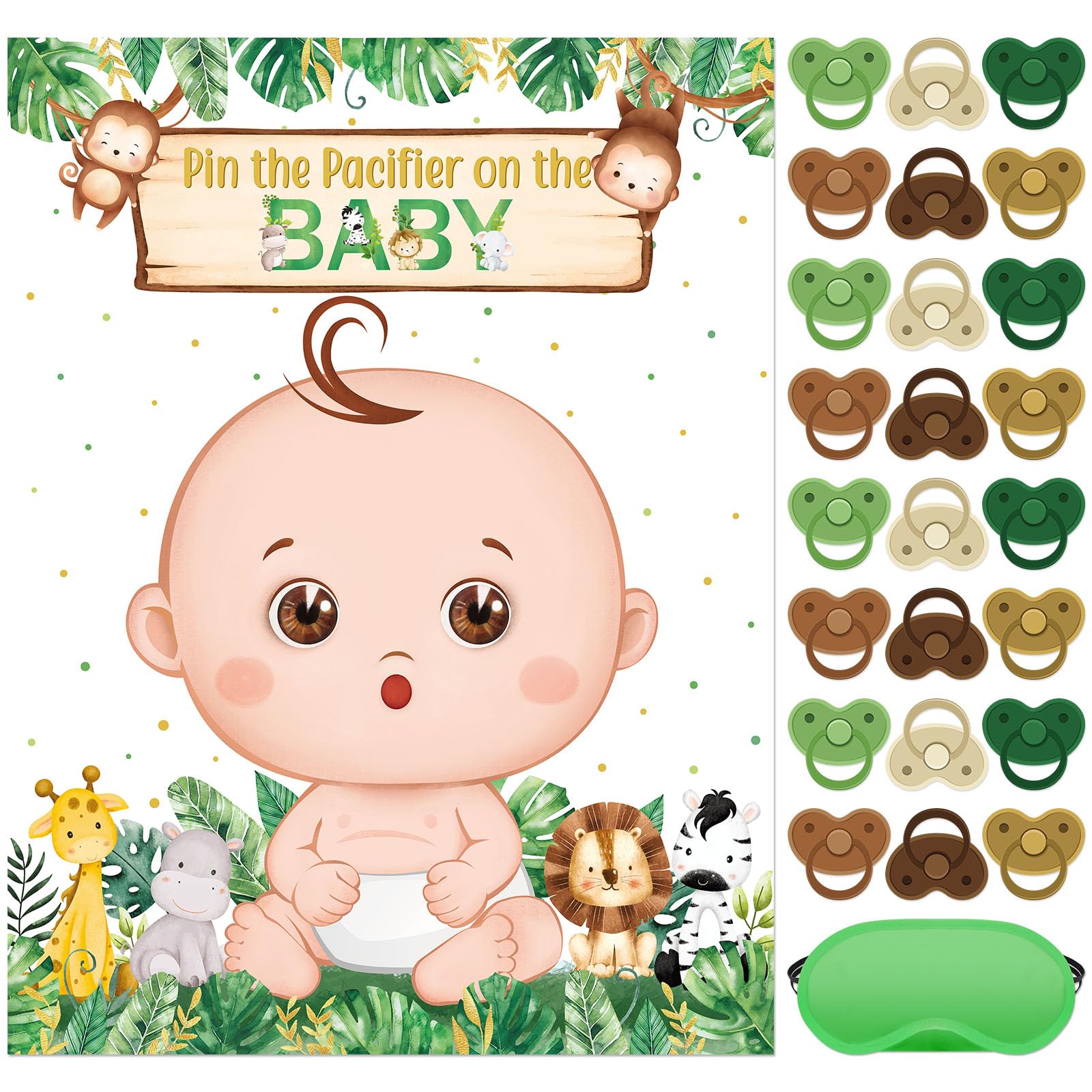 Faccito Pin the Pacifier on Baby Game Safari Jungle Baby Shower Game with Sage Green Animals Baby Poster Blindfold and 24 Pacifier Stickers for Baby Shower Birthday Party Decorations Supplies