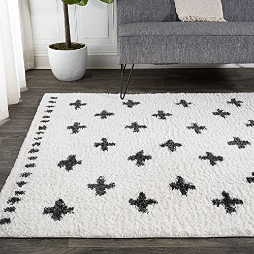 JONATHAN Y MOH403A-5 Cristo Berber Geometric Shag Indoor Area-Rug Bohemian Contemporary Easy-Cleaning Bedroom Kitchen Living Room Non Shedding, 5 X 8, White/Black