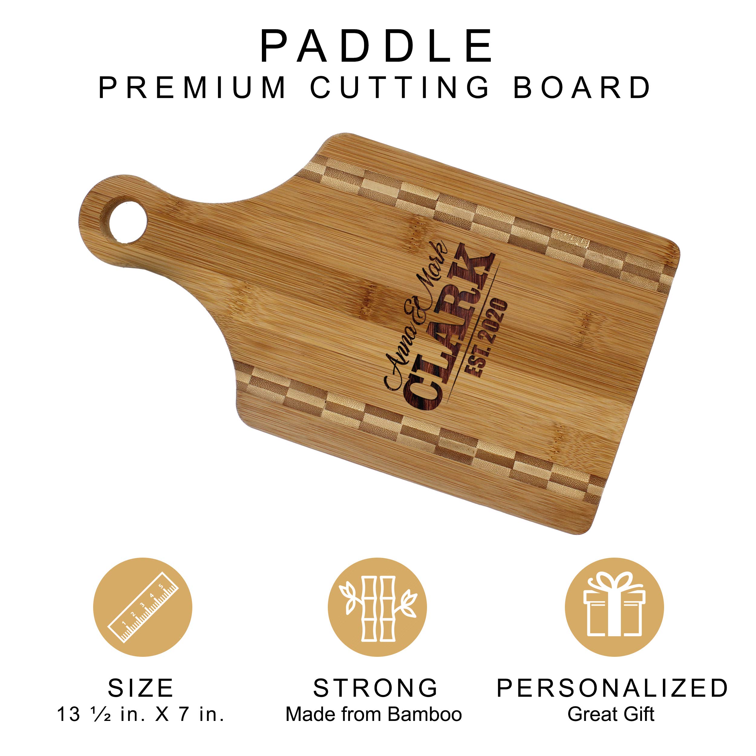 Deluxe Personalized Wedding Anniversary Couples Bamboo Cutting Board (Paddle 13.15")