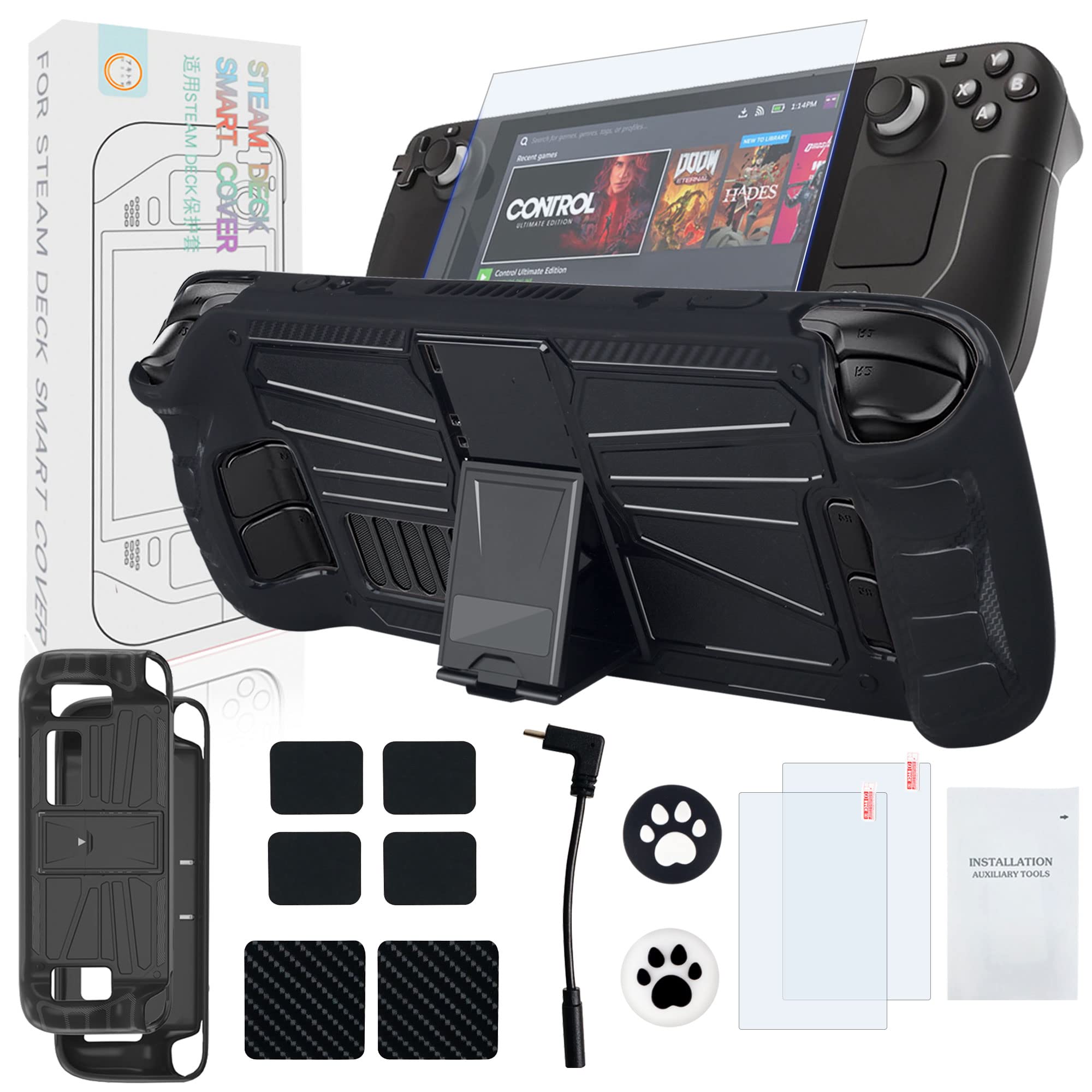 Case for Steam Deck,12 in 1 for Steam Deck Accessories - Protective Case with Kickstand ,Screen Protector,Touchpad Protector,Right Angle USB C,Thumb Grip for Steam Deck Console