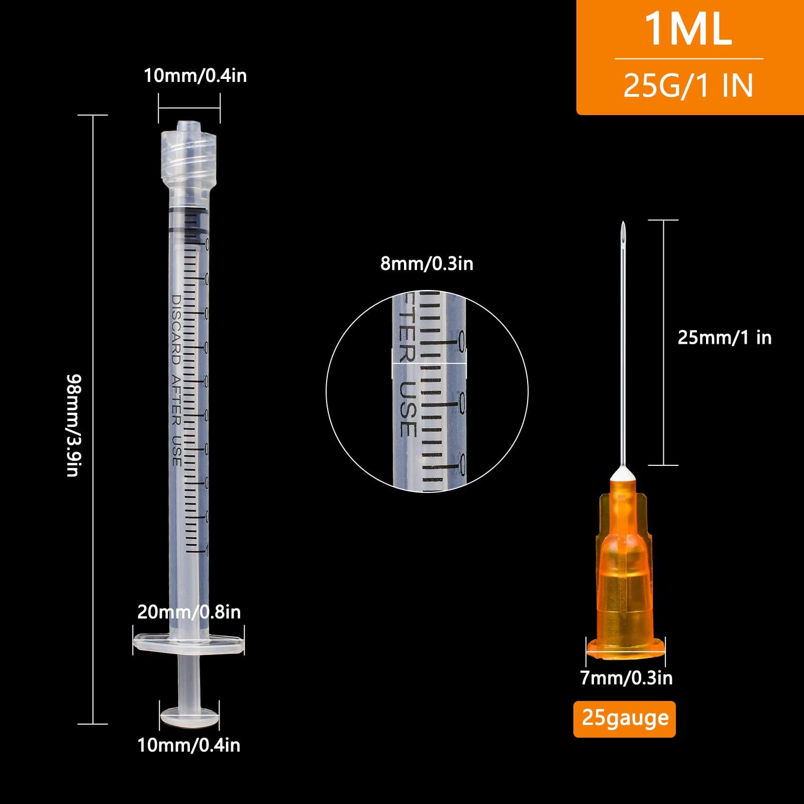 Eomhept 1ml 1cc 25 Gauge 1inch 25mm Disposable Lab Supplies, Individual Packing, Pack of 100