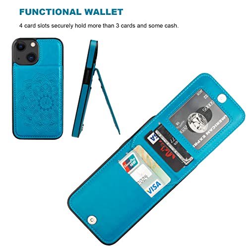 Vaburs Wallet Case for iPhone 13, Kickstand Case with Credit Card Holder, Embossed Mandala Floral PatternĀ Premium PU Leather Magnetic Closure Shockproof Protective Flip Cover 6.1" (Blue)