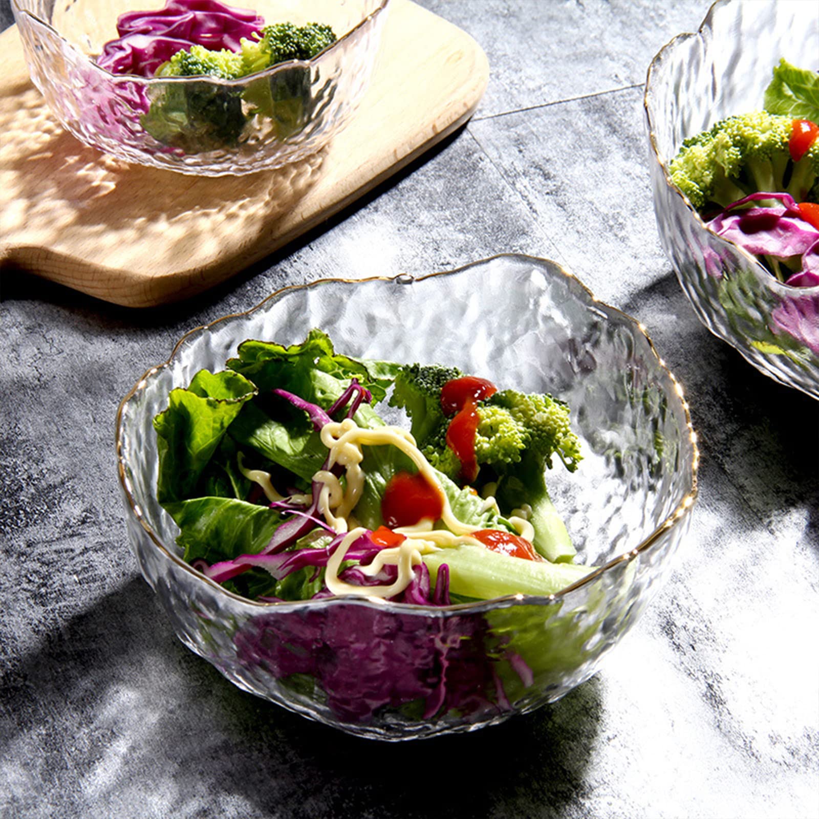 DEDEMCO 3 PCS Glass Salad Bowl,Phnom Penh Mixing Bowls,Crystal Bowls Irregular Shape Serving Bowls,Stackable Dessert Bowls for Kitchen Prep Fruit Pasta,300ml,750ml,1050ml