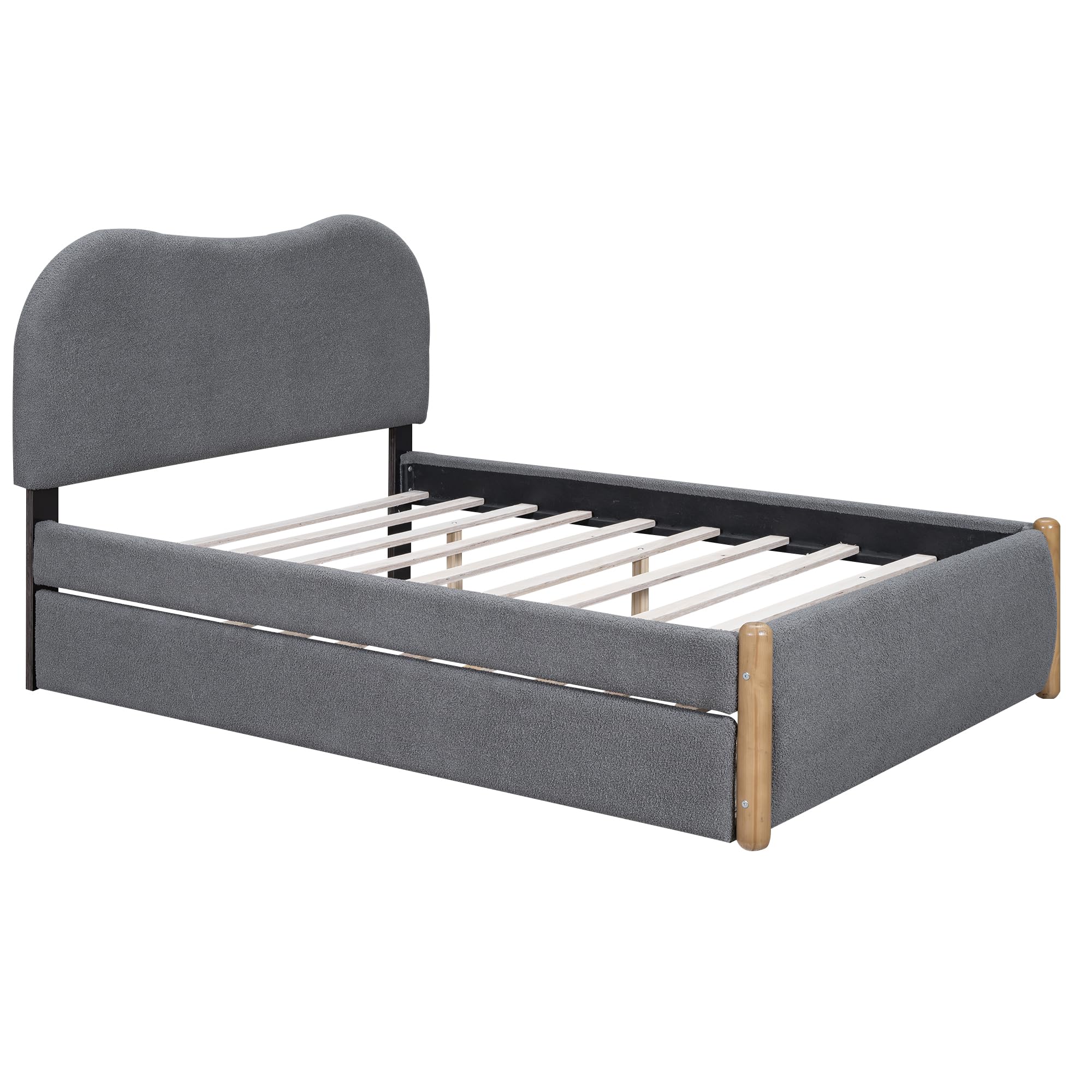 Harper & Bright Designs Upholstered Full Platform Bed with Built-in Nightstand & Guardrail, PU Leather Upholstered Full Storage Bed Frame with Headboard, No Box Spring Required (Gray)