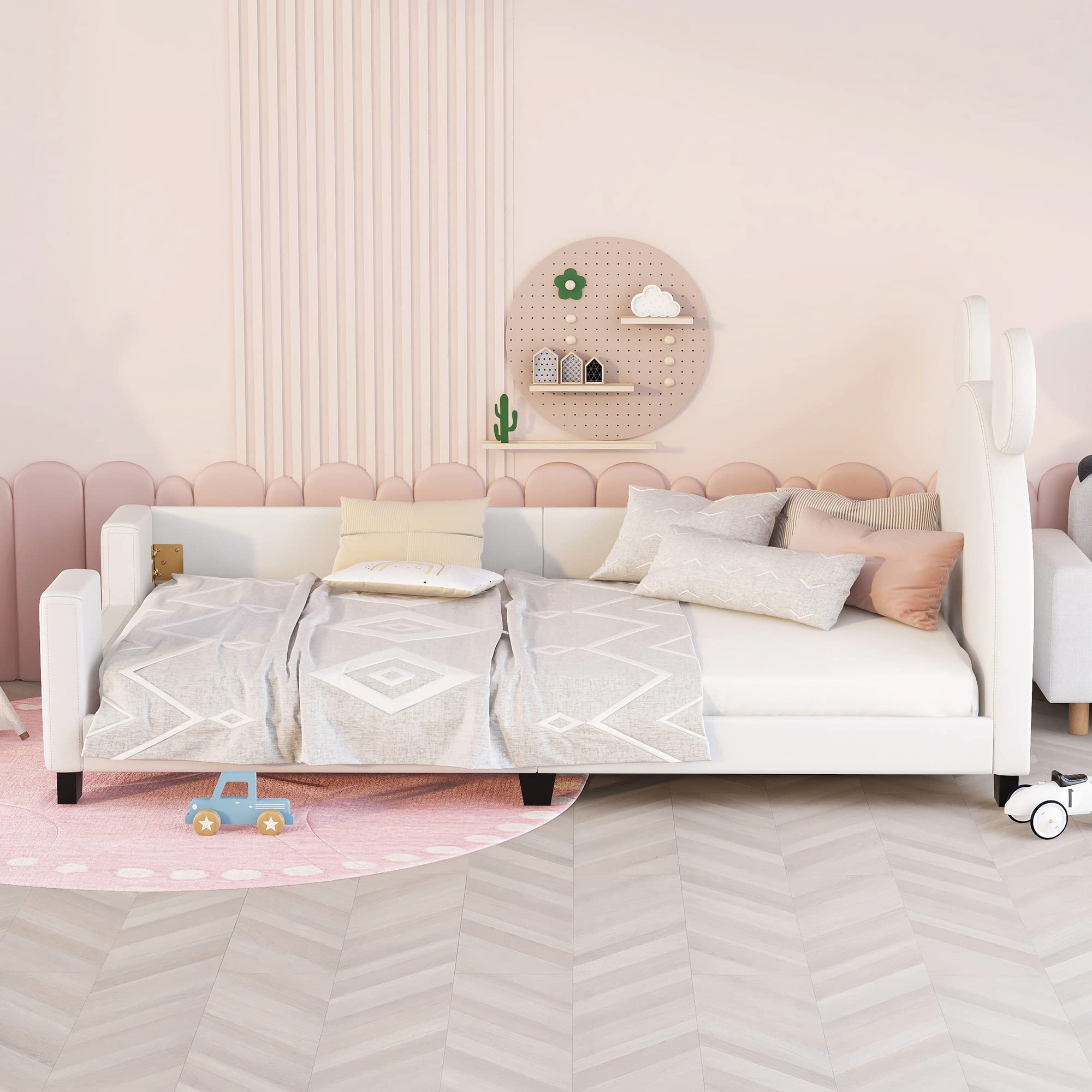 Harper & Bright Designs Twin Size Upholstered Daybed with Carton Ears Shaped Headboard for Kids Boys Girls, White