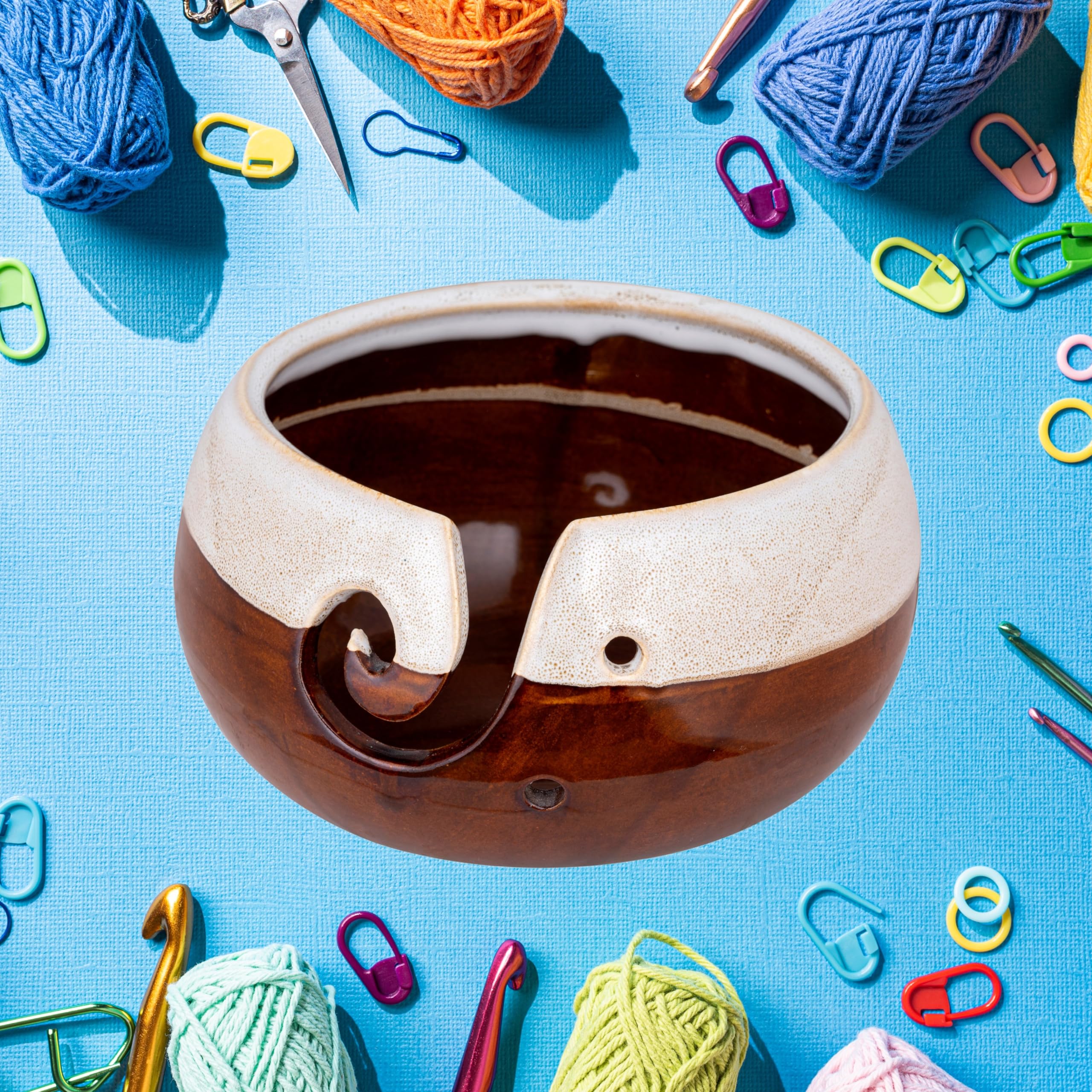 Ceramic Yarn Bowl Knitting Bowl, Crochet Large Yarn Bowl for Knitting, Handmade (Moroccon Brown/Green)