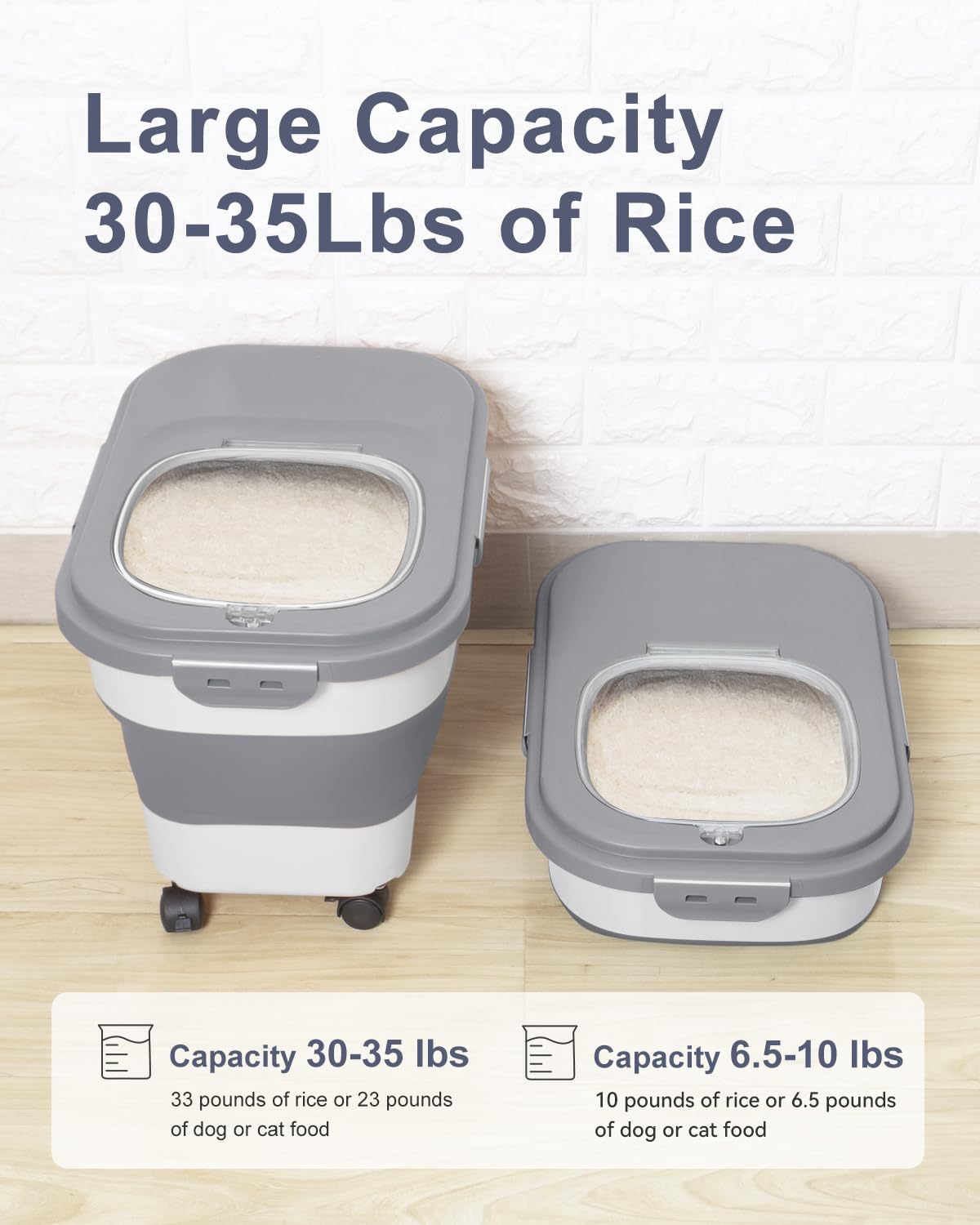 DDMOMMY 20-30Lbs Rice Storage Container,Collapsible Food Storage Containers with Rolling Wheel Airtight Locking Lid,Flour Storage Container with Cup and Scoop,Suitable for Food,Rice,Pet Food,Flour