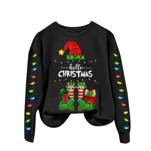BLUBUKLKUN discount Christmas Sweatshirt for Women Crewneck Long Sleeve Christmas Elf Print Pullover Fashion Loose Top Oversized (Black, S)