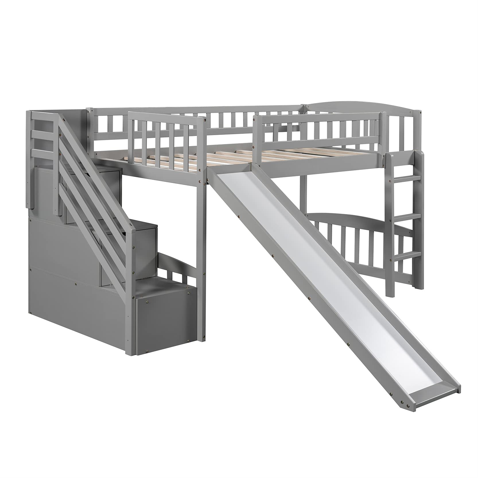 Harper & Bright Designs Twin Loft Bed with Slide for Kids, Wood Slide Loft Bed with Stairs and Built-in Ladder, No Box Spring Needed,Grey