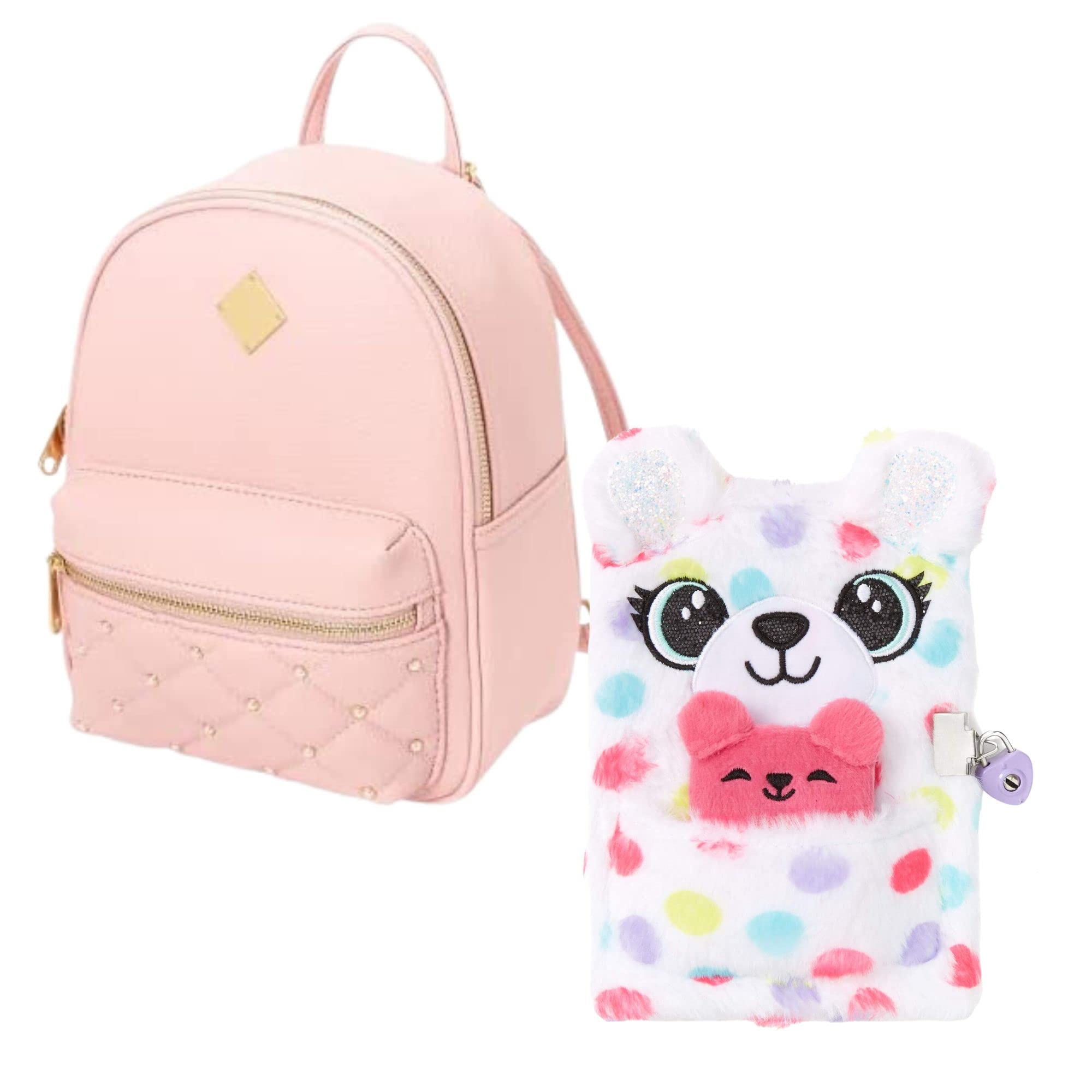 Claire's Back to School Basics with our Quilted Pearl Small Pink Backpack and Fuzzy Plush Polka Dot Diary for Girls and Tweens