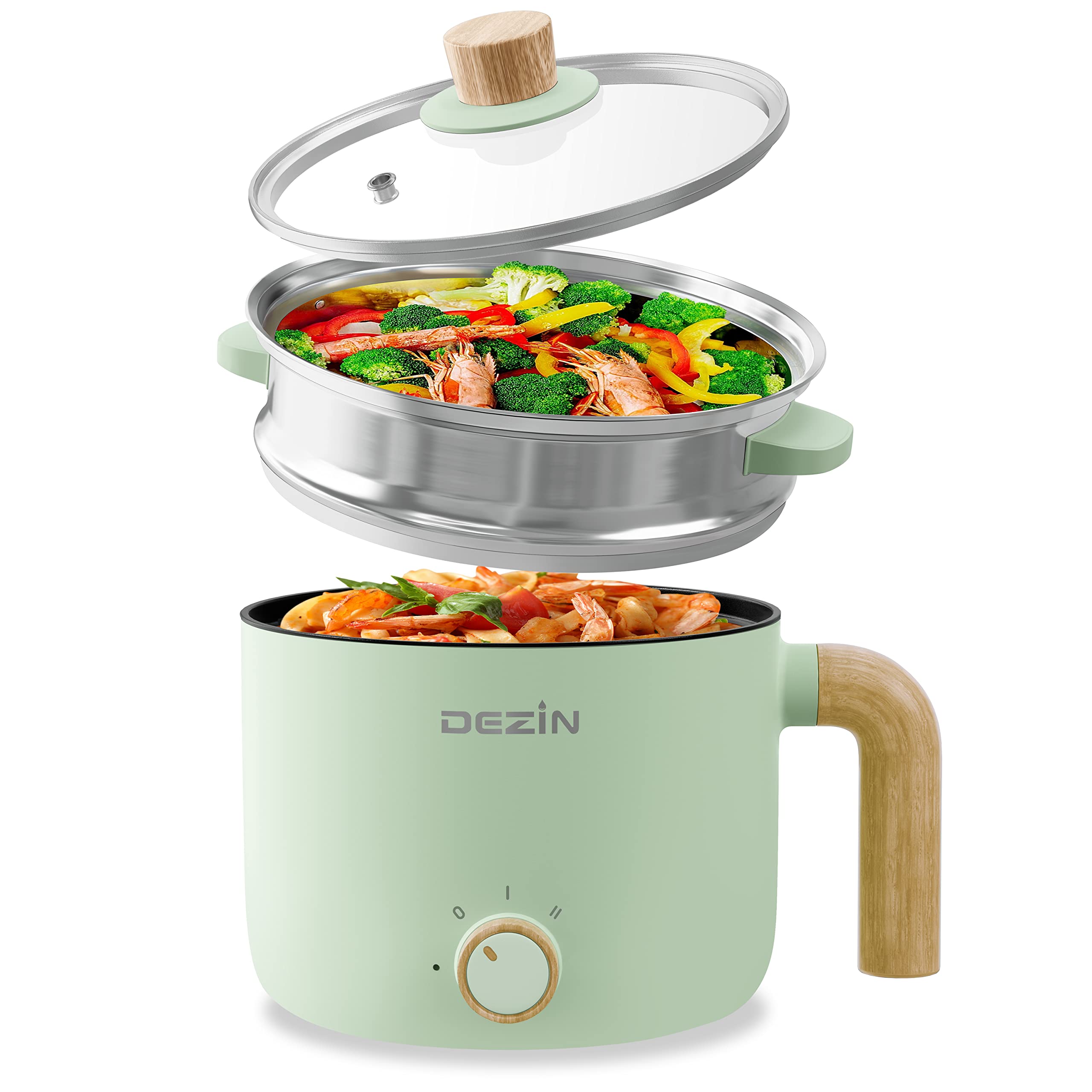 Dezin Hot Pot Electric, 1.5L Portable Ramen Cooker with Nonstick Coating, Mini Hot Pot for Dorm/Office/Travel, Multi-Function Hot Pot for Stir Fry, Steak, Noodles, Soup, Pasta (Egg Rack Included) (Green / Nonstick)