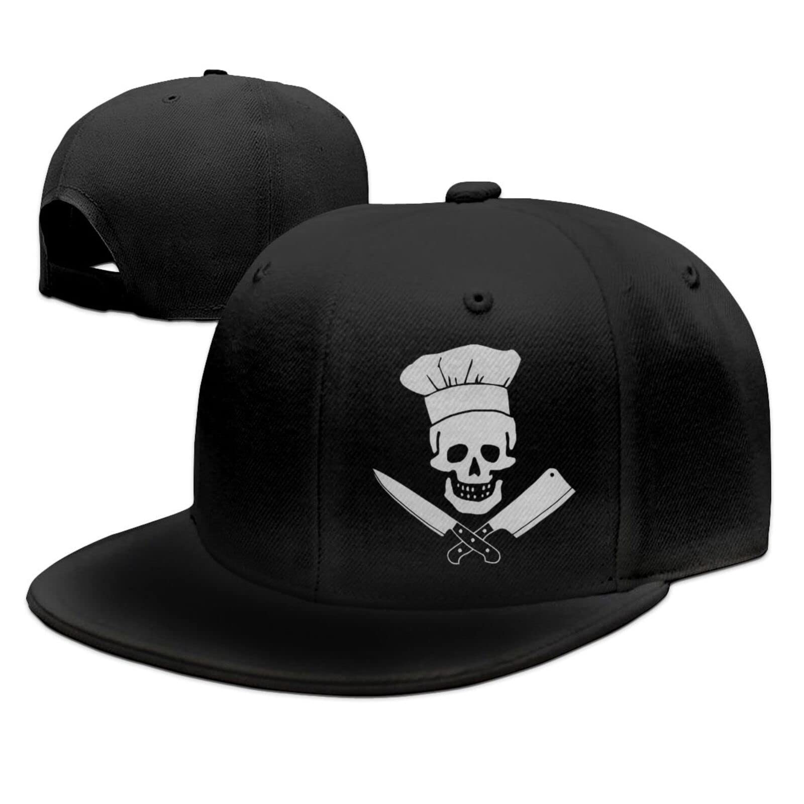Chef Skull Snapback Hat for Women Men Adjustable Classic Black Baseball Dad Hat Vintage Flat Bill Cap for Travel Hiking Runing